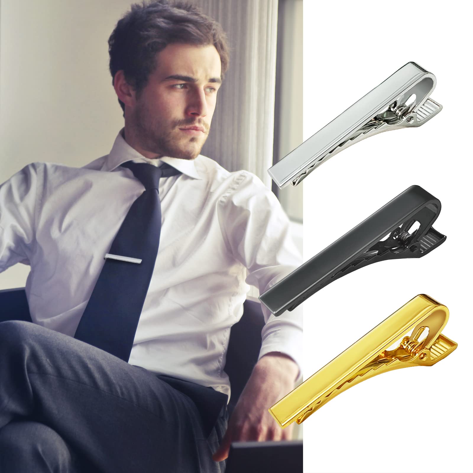 3 PCS Tie Clips for Men, Gaerliion Tie Clip Classic Tie Bar for Regular Ties, Necktie Wedding Business Clips (Black Silver Gold)