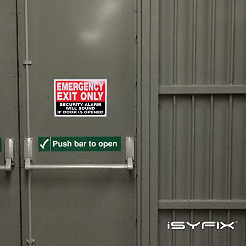 iSYFIX Emergency Exit Only Stickers – 2 Pack 10x7 Inch – Premium Self-Adhesive Vinyl, Laminated UV, Weather, Scratch, Water & Fade Resistance, Security Alarm Will Sound if Door is Opened Signs