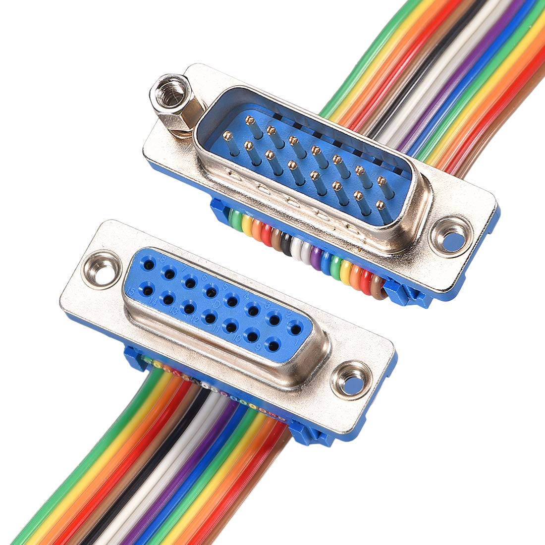 uxcell® IDC Rainbow Wire Flat Ribbon Cable DB15 Male to DB15 Female Connector 2.54mm Pitch 11.8inch Length