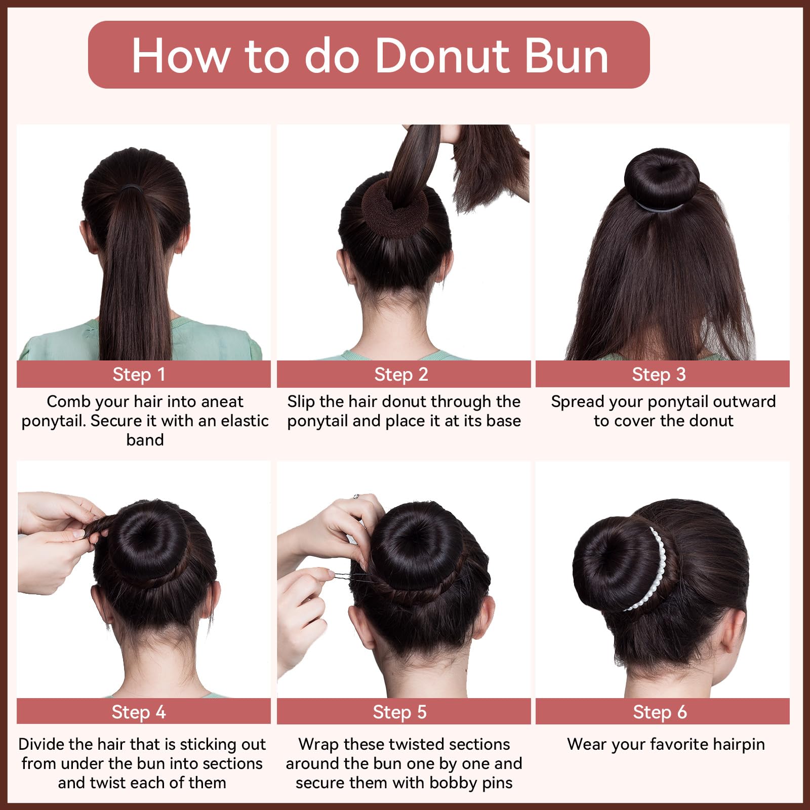 YaFex Hair Bun Maker Kit, 4 Pieces (1 Large, 2 Medium and 1 Small), A-Brown, 30 Pieces Accessories Including Hair Nets, Elastic Hair Ties, Hair Bobby Pins