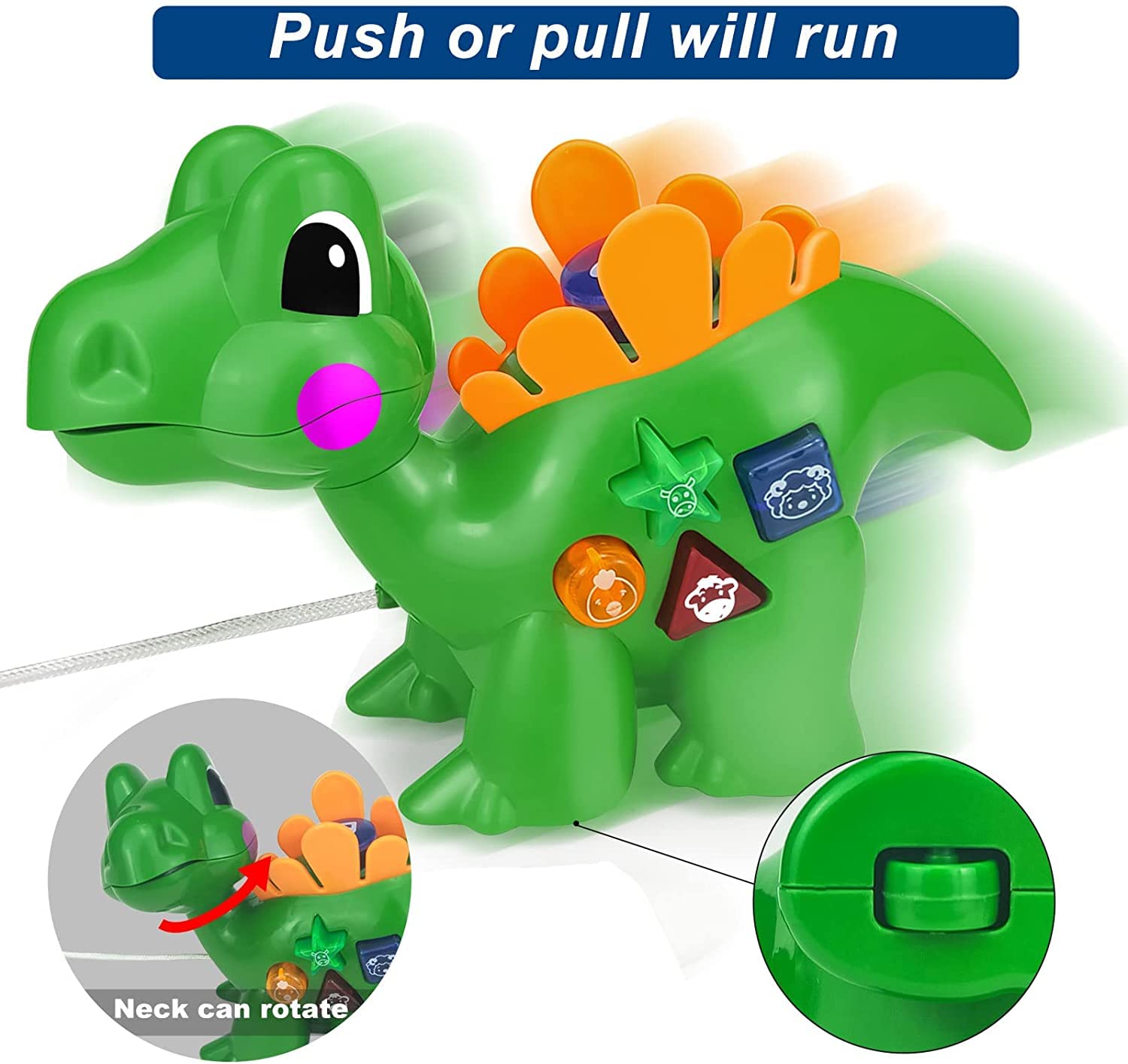 Push & Pull Toys for Toddlers 1-3 | Baby Toys 12-18 Months Can Sit & Stand &Roll, Pull Toy Dinosaurs with Lights & Sounds for Perschool, Boys Girls First Educational Gifts