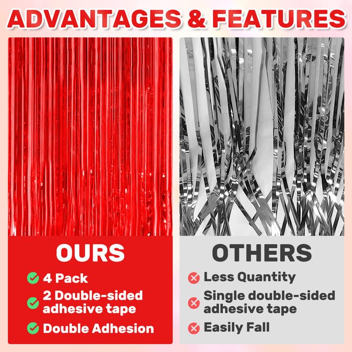 4-Pack Backdrop for Party Decorations, Foil Fringe Backdrop Curtains, Tinsel Streamers for Birthday Party Decorations, Tinsel Curtains for Halloween Valentine Disco Hollywood Theme Parties (Red)