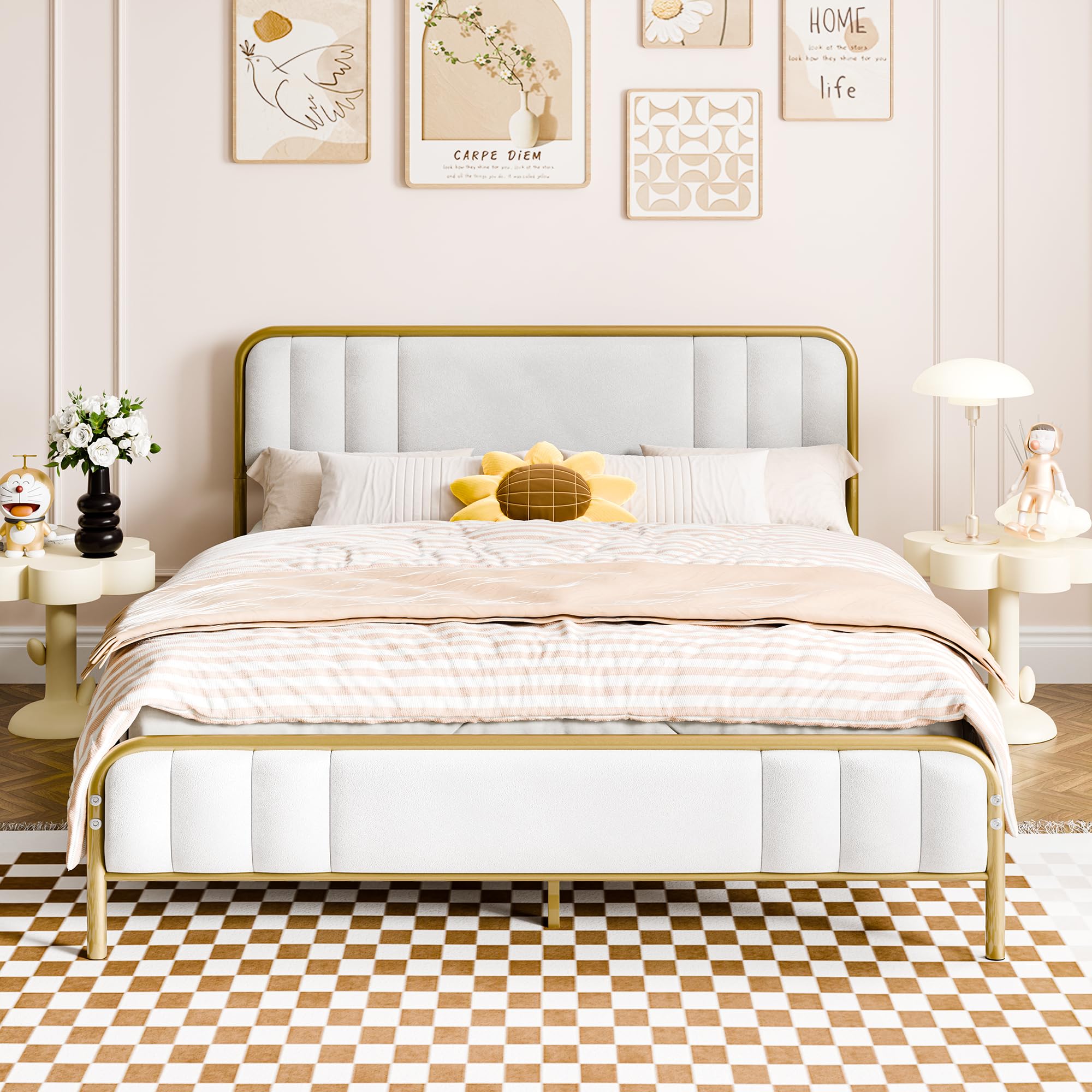 SUNLEI Gold Queen Size Bed Frame with Velvet Fabric Headboard, Metal Platform Bed with 12" Storage Space, Solid Metal Slats Support, No Box Spring Needed, Easy Assembly, Modern White Velvet