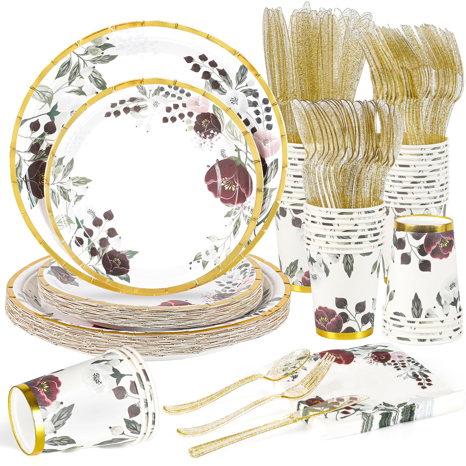 350 Pcs Red Floral Party Supplies Set, plates, napkins, cups and gold plastic cutlery set for 50 Guest for Bridal Shower, Baby Shower, Birthday,Wedding,Bachelorette party Supplies
