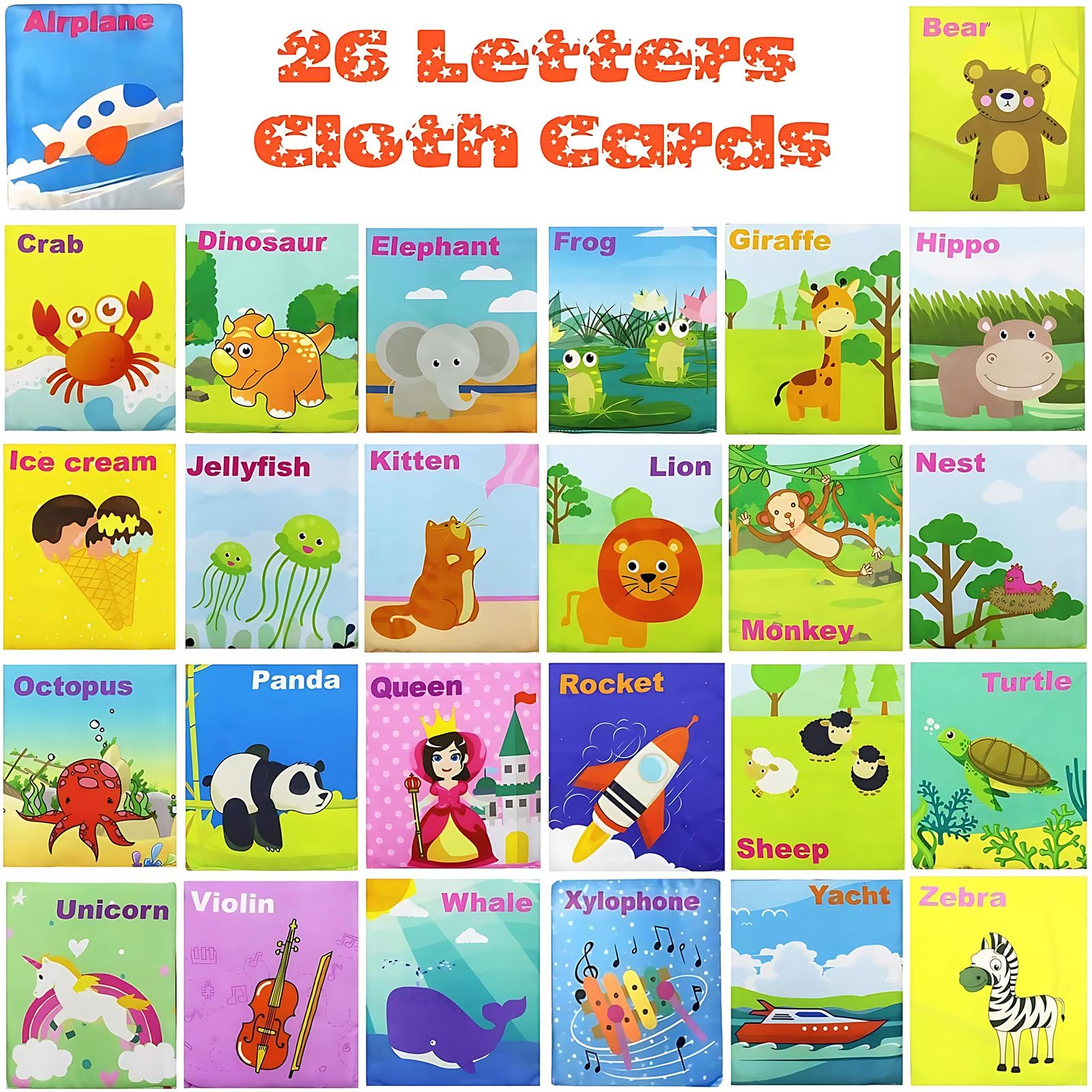 Adpartner Baby Soft Alphabet Cards Toy, 26Pcs ABC Learning Flash Cards with Drawstring Storage Bag, Washable Cloth Letter Cards Early Educational Toys for 0 1 2 3 Years Old Babies Infants Toddlers