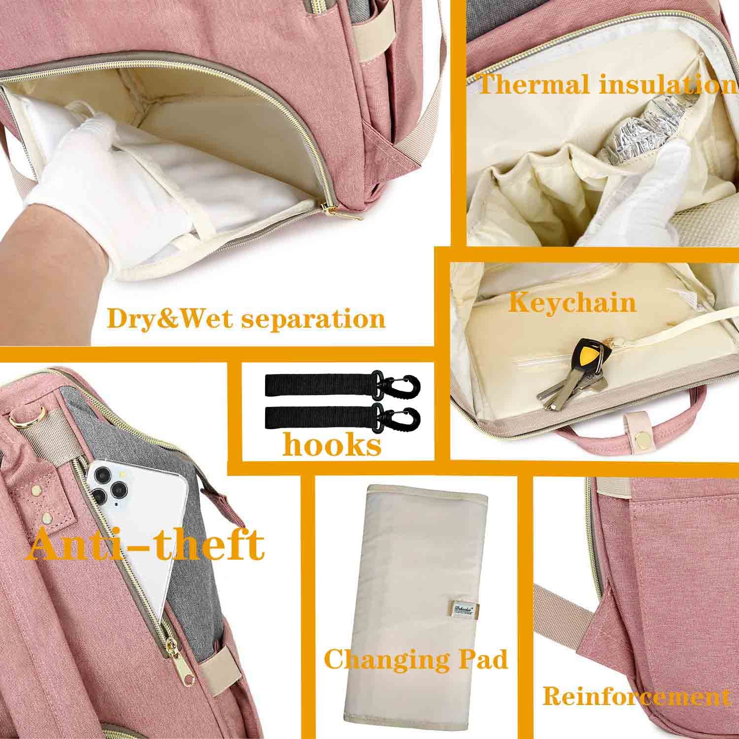 Dokoclub Diaper Bag Backpack, Multifunction Baby Bags, Large Capacity Nappy Changing Bags, Waterproof Travel Backpack,Stylish Durable, Hooks and Changepad, Pink Grey