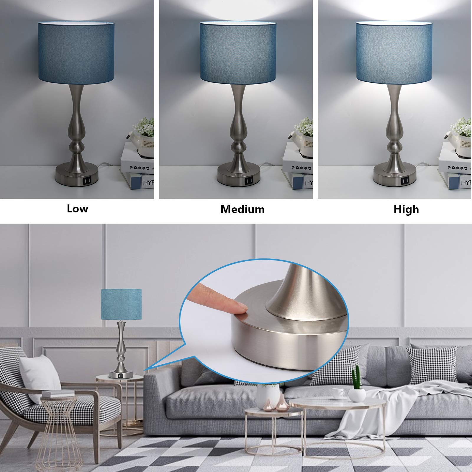3-Way Dimmable Touch Control Table Lamp with Dual USB Charging Ports, Bedside Touch Lamp Modern Accent Lamp with Blue Lampshade, Bedroom Nightstand Lamp for Living Room Office, 6W LED Bulb Included