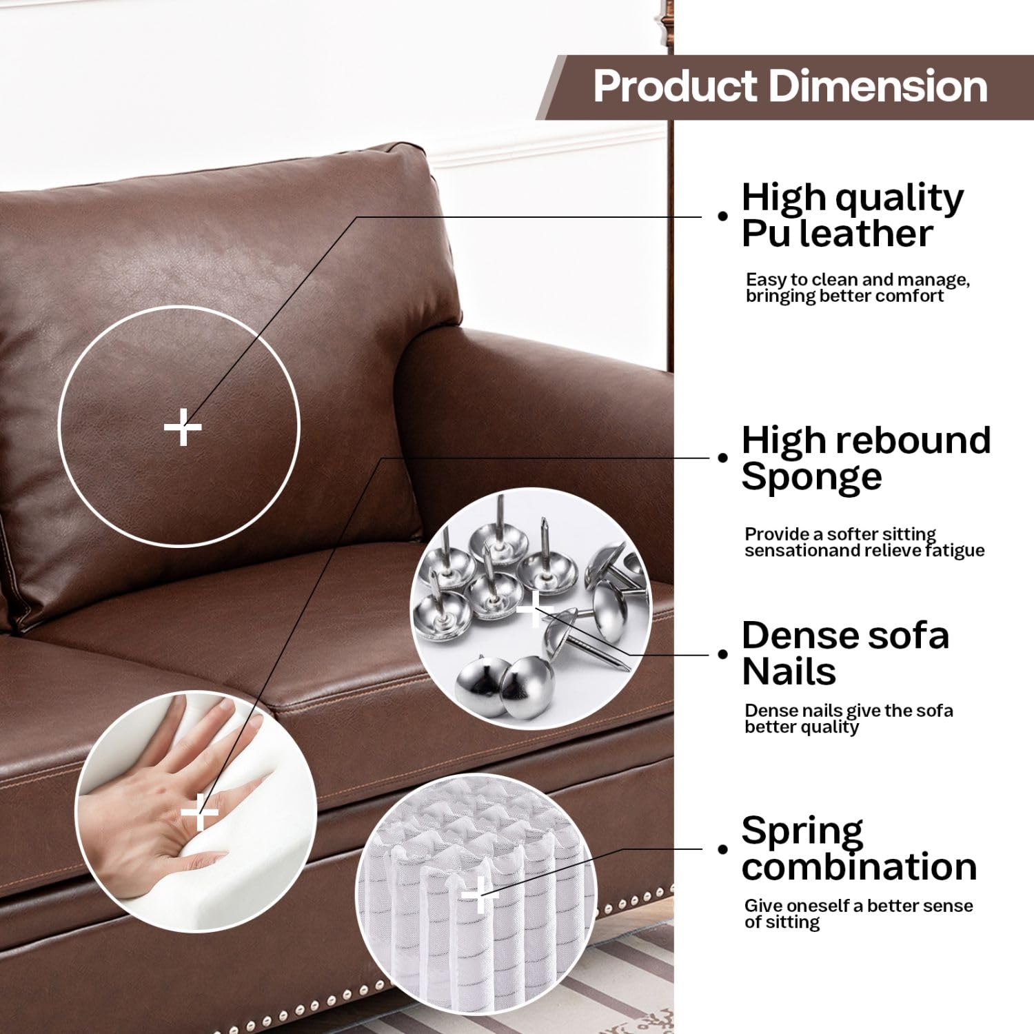 TINGMAMADEHUA Modern Brown Faux Leather Sofa β 3-Seater Couch for Living Room, Comfy Upholstered Design with Tufted Detachable Back Cushions, Traditional Rolled Arms, and Nailhead Trim β Easy Assembly