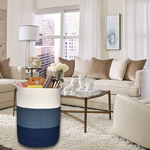 COMSE Extra Large Blanket Basket, High Storage Basket, Tall Rope Laundry Basket, 15.7βx 21.7β, Cotton Rope Basket, XXXL Laundry Basket, Toy Basket, Clothes Baskets,White/Cadet Blue/Navy Blue