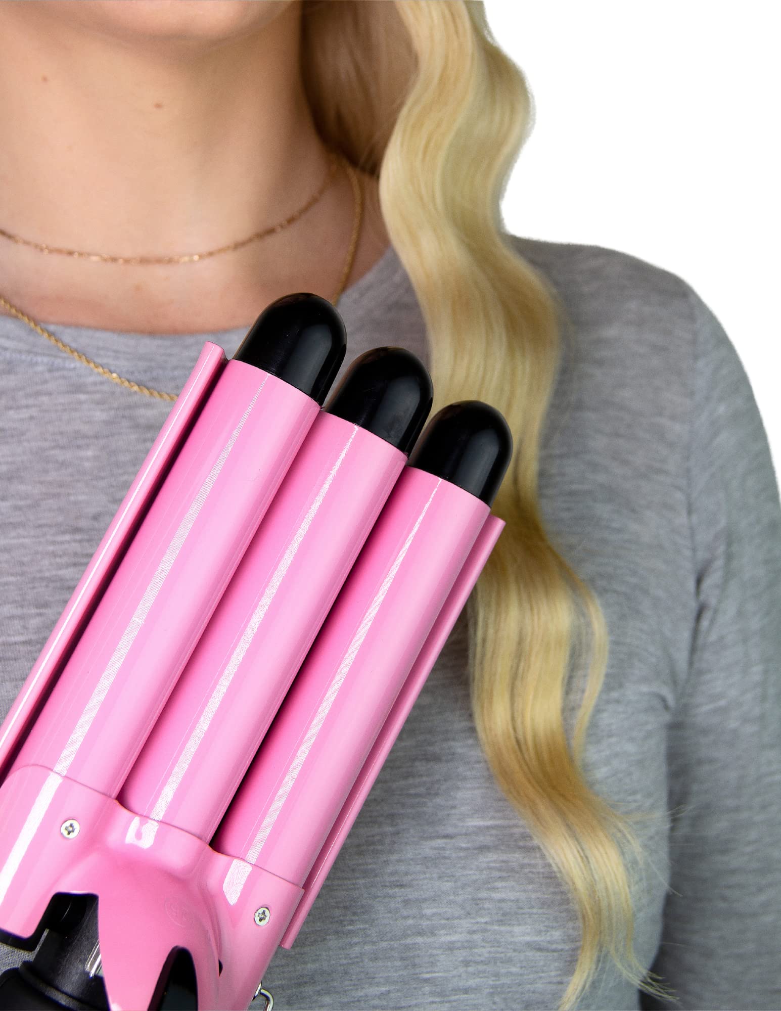 Trademark Beauty Three Barrel Hair Waver, Curling Iron, 1 Inch, Beach Waves, Quick Heat, Babe Waves Original, Adjustable Temperature Hair Curler - Pink