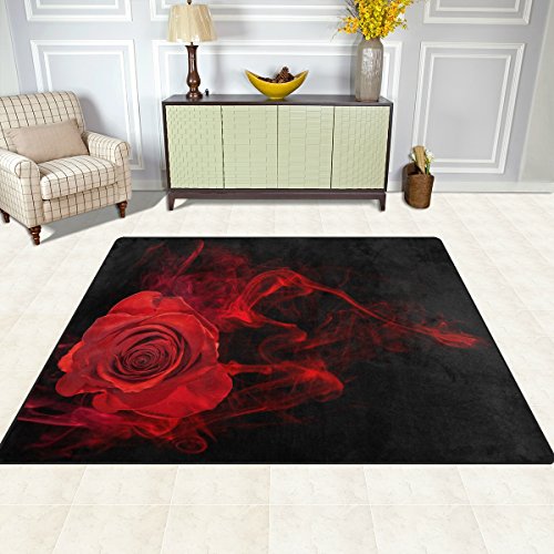 Large Area Rugs 5'3" x 4',Rose in Smoke Swirl On Black Printed Lightweight Non Slip Floor Carpet for Living Room Bedroom Home Deck Patio