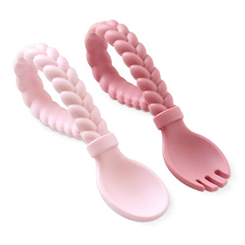 Itzy Ritzy Silicone Spoon & Fork Set; Baby Utensil Set Features A Fork and Spoon with Looped, Braided Handles; Made of 100% Food Grade Silicone & BPA-Free; Ages 6 Months and Up, Pink