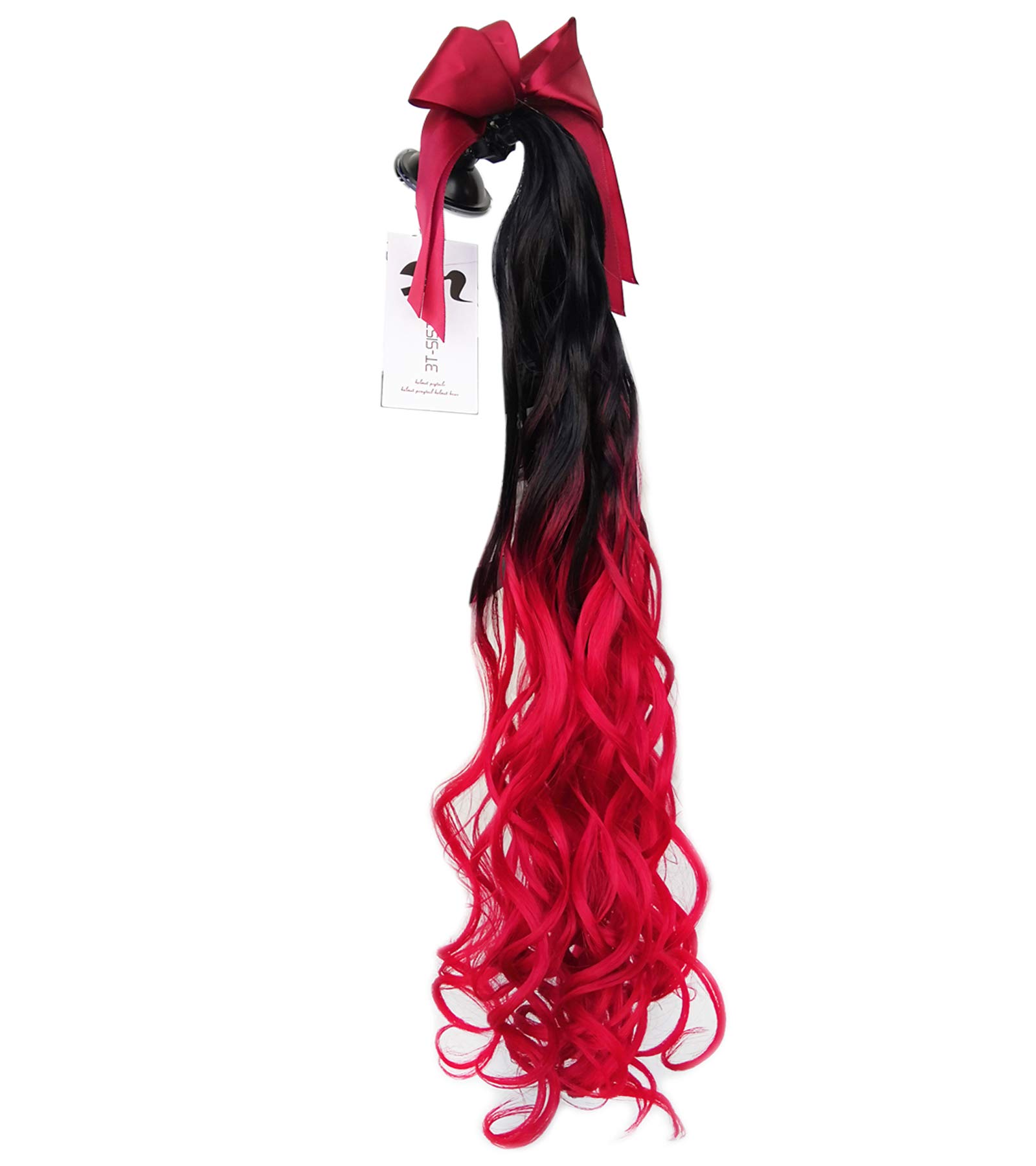 3T-SISTER Pigtails for Helmet Wavy Curly Ponytails for Motorcycle Bicycle Ski Helmets with Bowknot Decorations 24inch Black to Red (Helmet not Included)