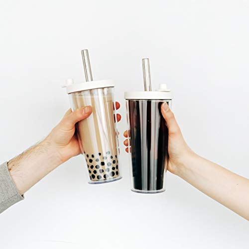 Reusable Boba Cup with Resealable Lid Plug - 17 Oz Double Wall Insulated | Smoothie Tumbler | Wide Stainless Steel Straw For Bubble Tea, Boba Pearls - White
