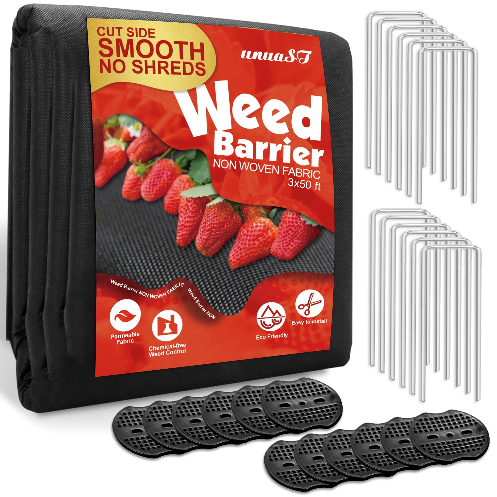 3x50ft Non Woven Landscape Fabric Weed Barrier Fabric, Landscape Fabric NO Shreds and Fray, Landscaping Fabric Weed Blocker with 12 U-Shaped Pins and Gasket, Weed Barrier Landscape Fabric for Garden