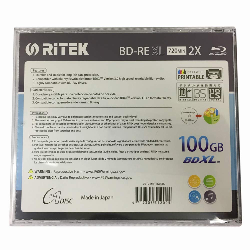 Ritek BD-RE XL Rewritable BDXL 100GB Triple Layers 2X White Inkjet Hub Printable Blank Disc