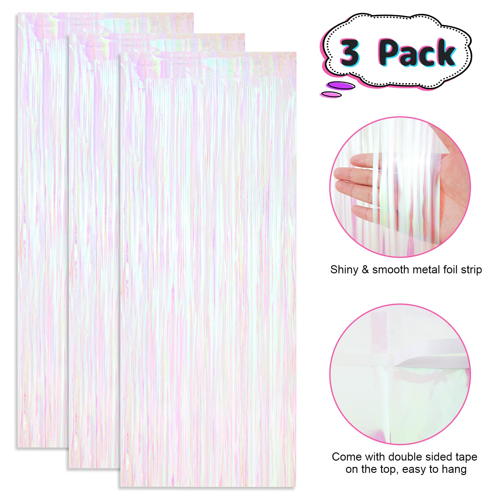 Merear Backdrop for Party Decorations, 3 Pack Foil Fringe Curtains Party Decor 8.2 * 3.3 FT Tinsel Streamers Birthday Party Decorations Photo Fringe Backdrop for Party, Graduation