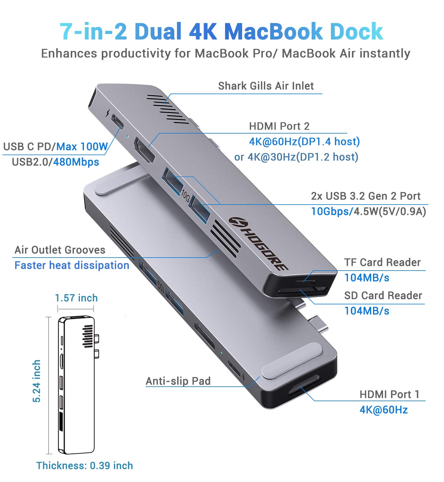MacBook Pro Docking Station Dual Monitor, MacBook Pro Dock Dual Monitor Adapter, USB C to HDMI Adapter,10Gbps USB 3.1 Gen 2,100W PD,2020/19/18 13" 15" MacBook Pro/Air Accessories