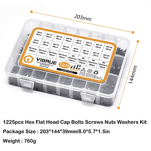 VIGRUE 1225PCS Metric M2 M3 M4 M5 Flat Hex Head Socket Cap Screws Black Zinc Plating Alloy Steel Small Bolts Nuts Washers Assortment Kit, Allen Socket Drive with 4Pcs Hex Wrenches