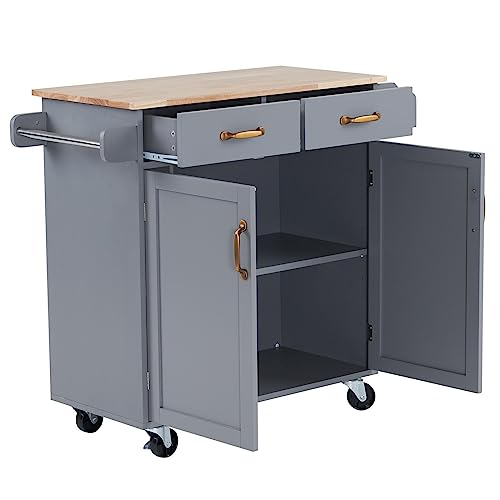 APDYNE Two Door Two Roll Out Kitchen Cart and Storage Cabinet, Rubber Wood Gray Paint Dining Car 99.5 * 40 * 85.5cm, Towel Rack, Adjustable Rack, and Lockable Wheels