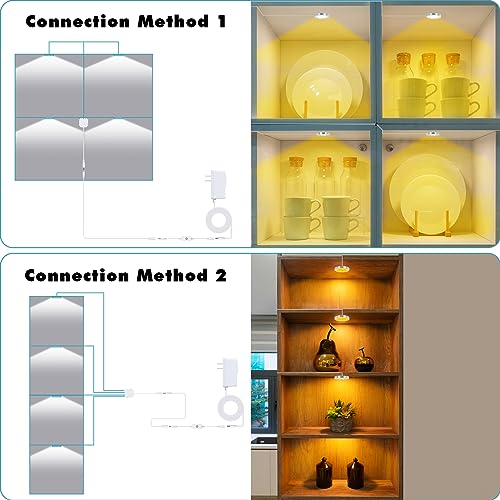 4-Pack LED Puck Lights Wired, Dimmable Display Case Lighting, Under Cabinet Puck Lights with Memory Function, Warm White Plug-in Round Shelf Lighting, Cabinet Lights for Shelves, Kitchen, 3000K