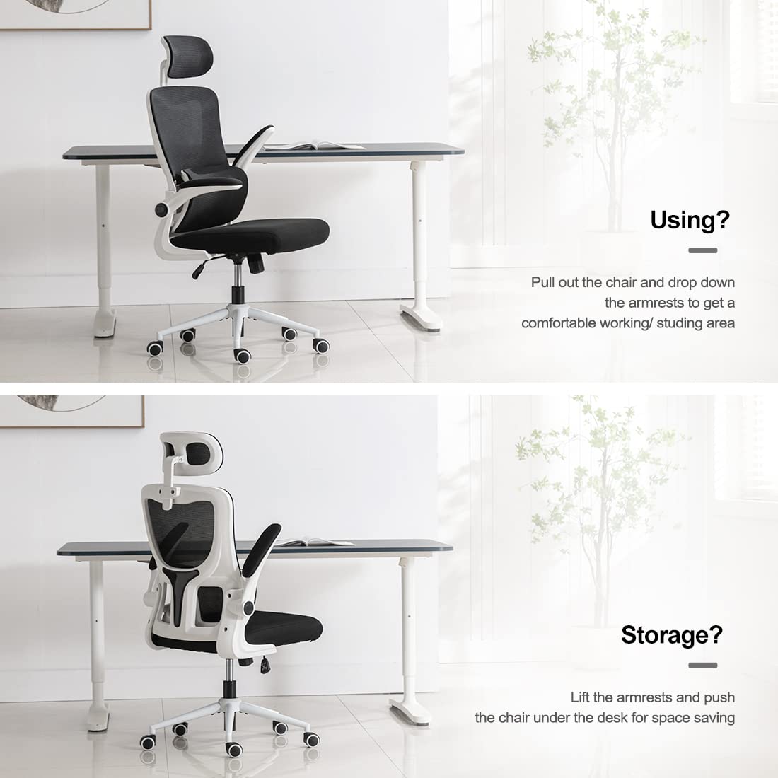 BRTHORY Office Chair Height-Adjustable Ergonomic Desk Chair with Lumbar Support, Breathable Mesh Computer Chair High Back Swivel Task Chair with Adjustable Headrest and Flip-up Armrests - White