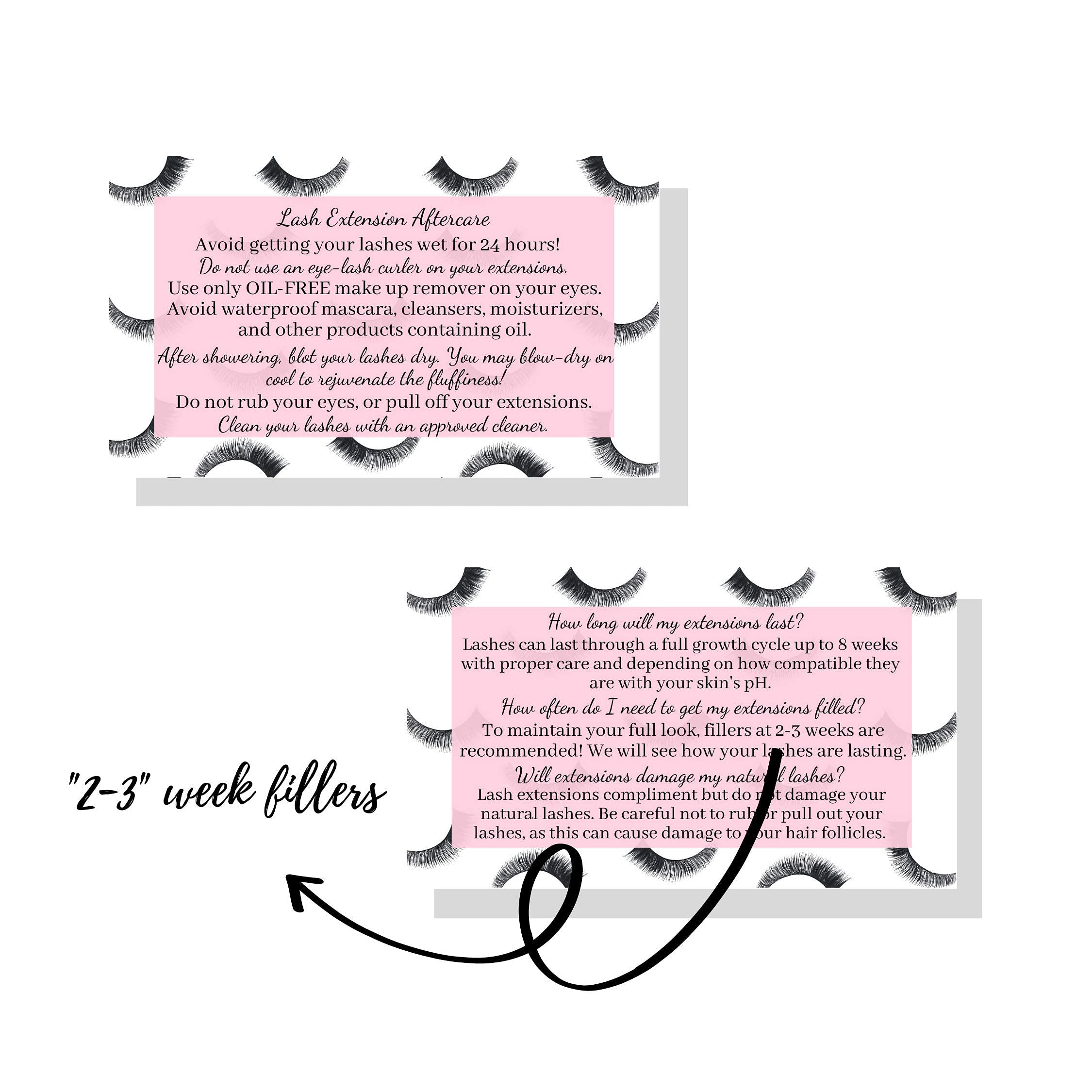 Lash Extension Aftercare Cards | 50 Pack | Eyelash Extension Supplies | Lash Print & Pink Design | Size 3.5 x 2" inches | After Care (2-3 Week Fillers)