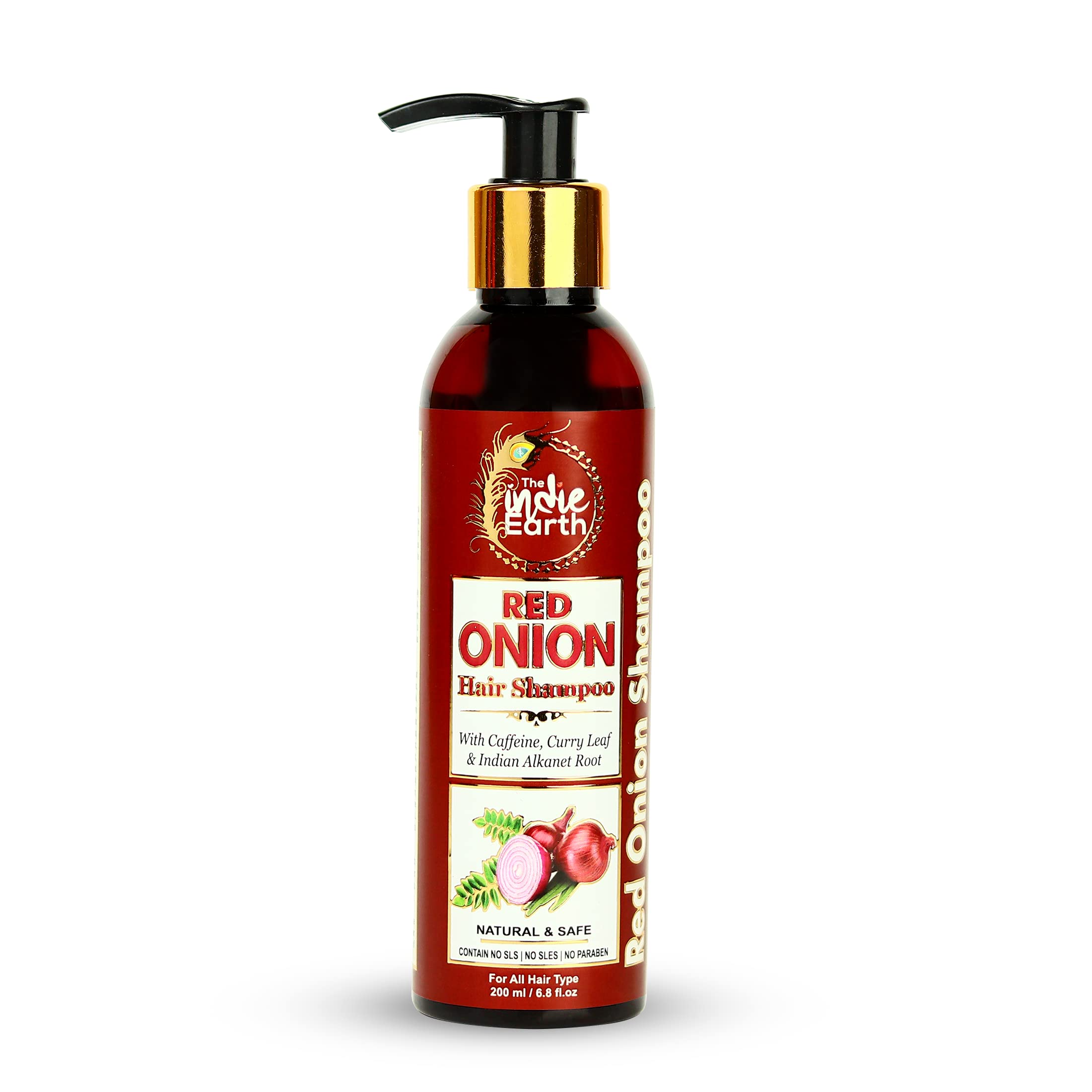 Red Onion Shampoo with Caffeine, Curry Leaf, and Indian Alkanet Root – Advanced Formula for Hair Fall Control, Split Ends Repair, and Dandruff Reduction – Gentle & Chemical-Free – 200ml