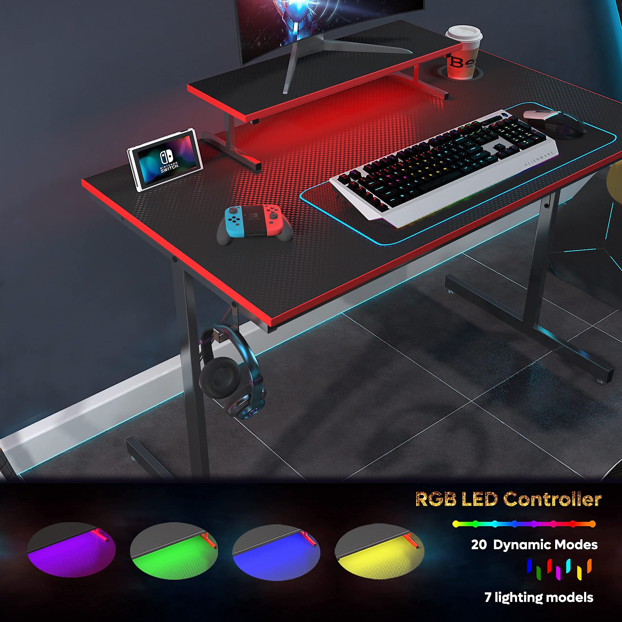 Bestier Gaming Desk with LED Lights 44" Small Computer Desk for Home Office Table with Cup Holder and 2 Headphone Hooks, Black
