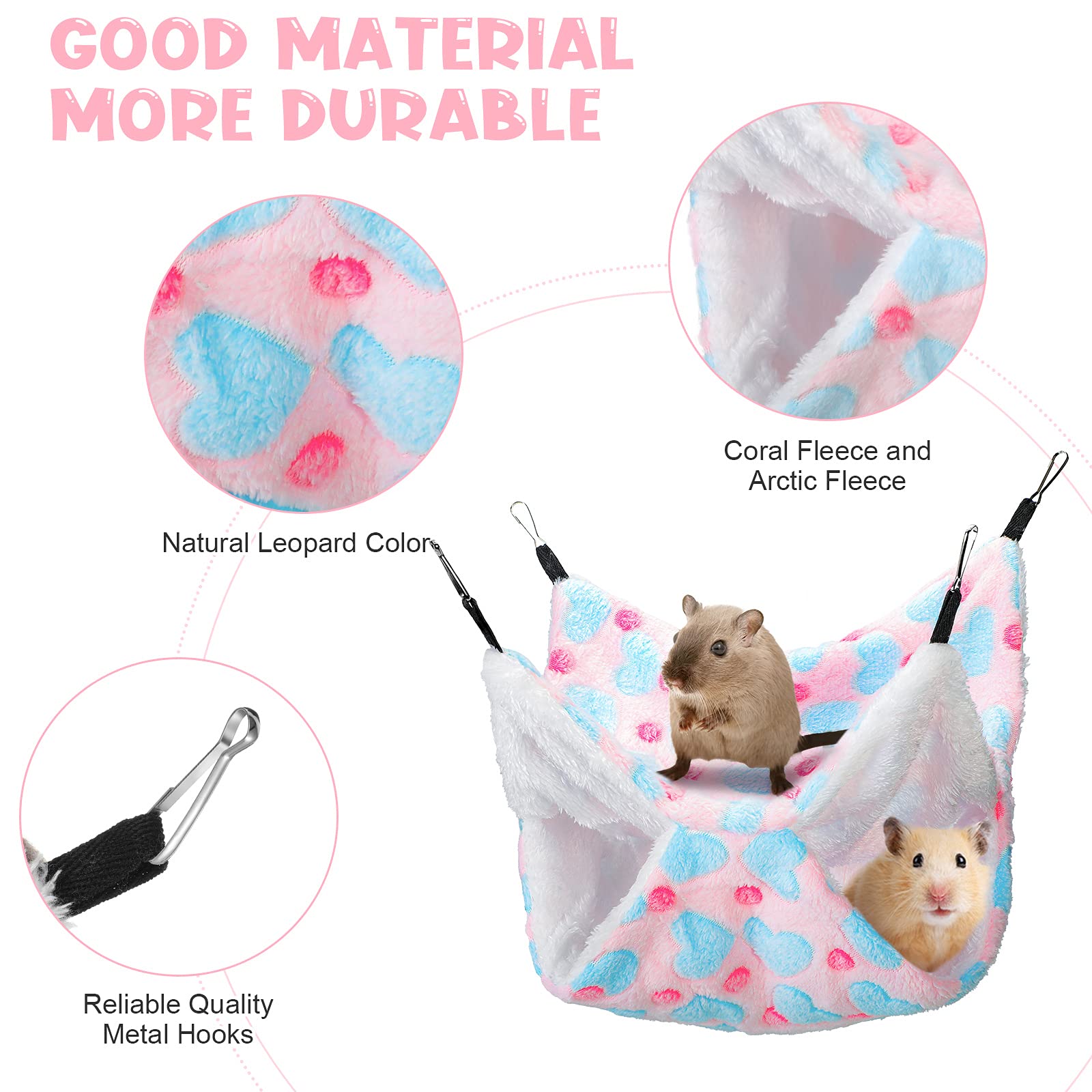 3 Pieces Small Pet Cage Hammock Set Include Double-Layer Sugar Glider Swinging Bed Hanging Rat House Cage and Hamster Warm Bed Mat for Rat Parrot Ferret Squirrel Hamster Rat Playing Sleeping (Pink)