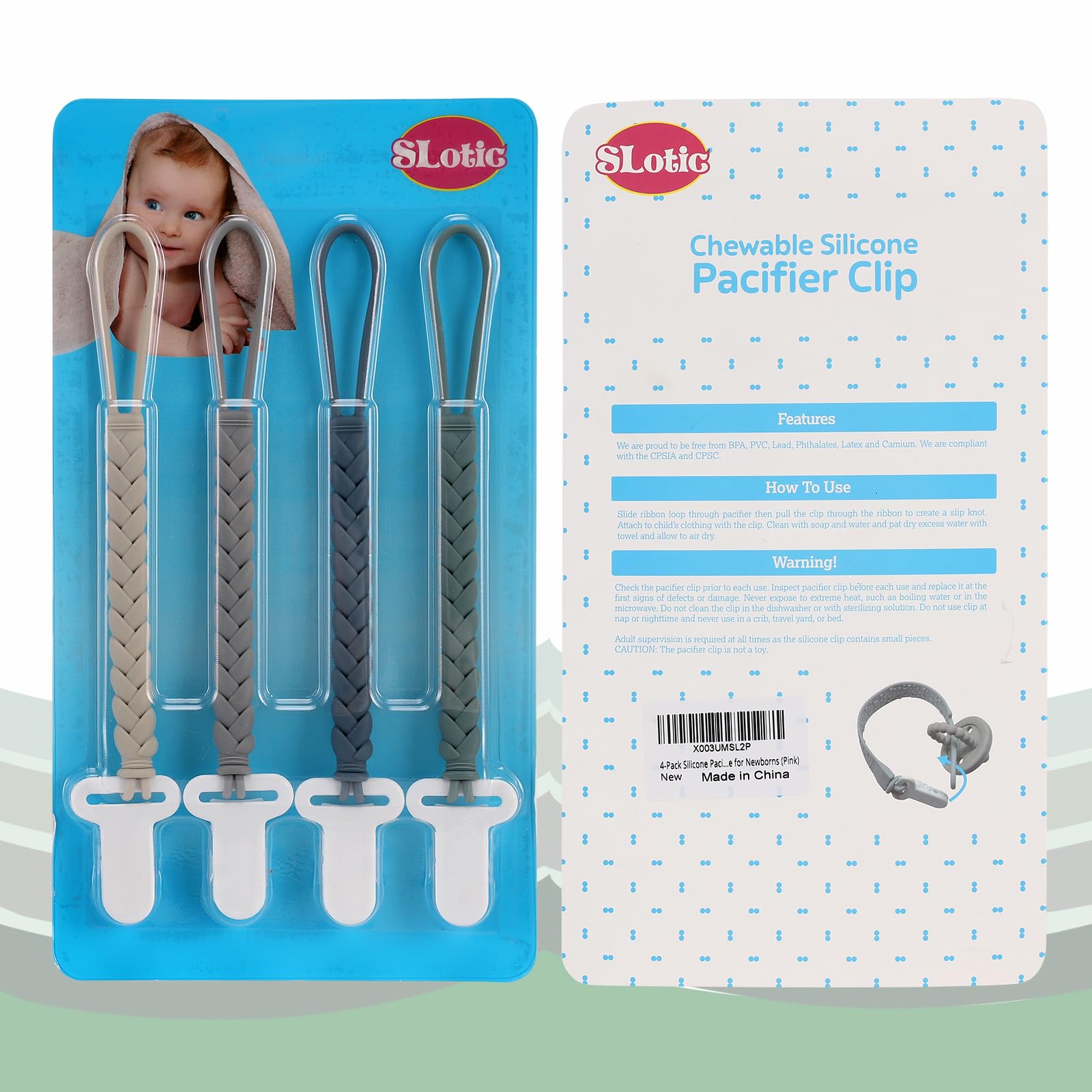 4-Pack Silicone Pacifier Clips with a Woven Rope Shape for Baby Boys and Girls - Flexible and Rust-Free Holders for Teething Relief and Baby Essentials, Safe for Newborns (Grey)