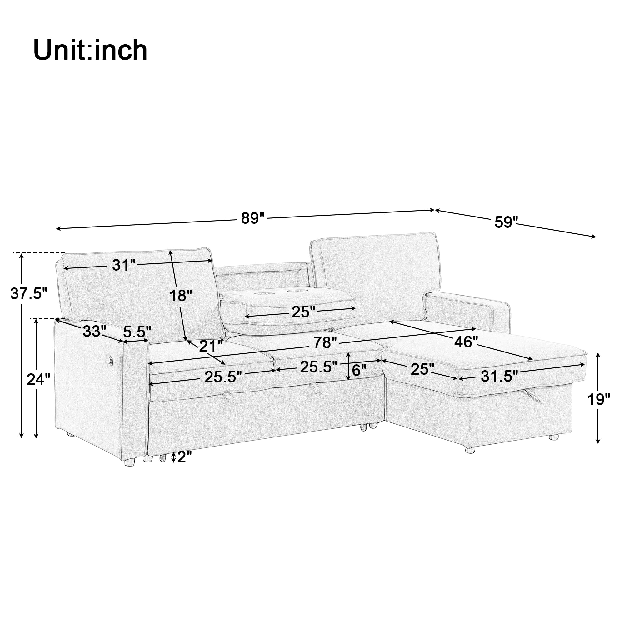 kevinplus 89'' Sectional Sofa Couch L-Shaped with Storage Chaise Lounge for Living Room, Modern 3-Seat Sleeper Sofa Couch with Pull-Out Bed, Cupholder & USB Port, Polyester Fabric, Beige