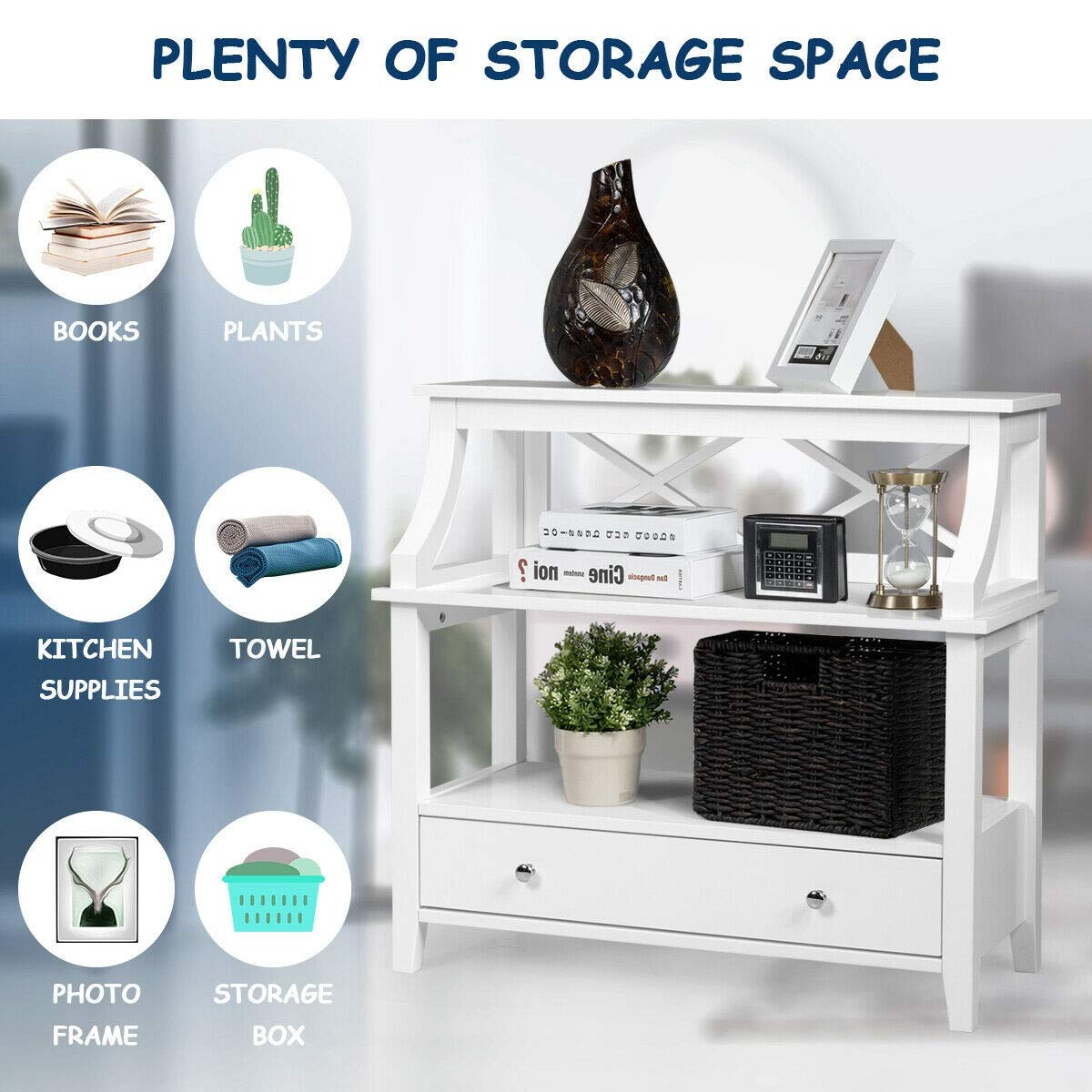 3-Tier Multipurpose Rack Storage Rack End Table Side Table with Slide Drawer Furniture Home for Living Room, Bedroom, Office, White