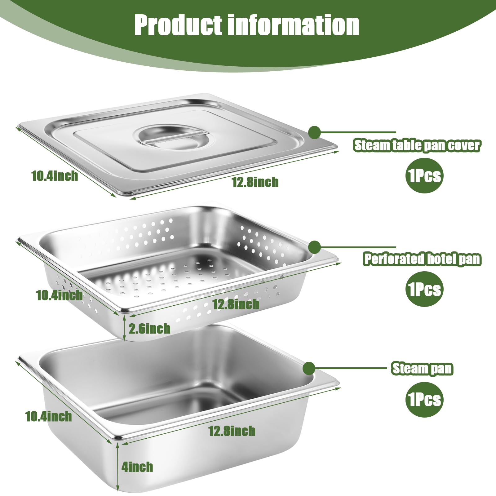 3 Pack Half Size 4 Inch Hotel Pan with Lids 2.6 Inch Perforated Steam Pan Stainless Steel Restaurant Pans for Restaurants, Cafeteria, Kitchen