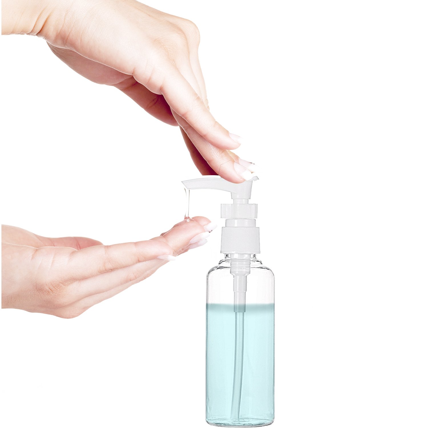 TecUnite 6 Pack Small Pump Bottles Clear Travel Bottle Plastic Empty Spray Dispenser Hand Lotion Sanitizer Refillable Accessories Set with Small Funnel for Flight, Airport, Holiday(100 ml,White)