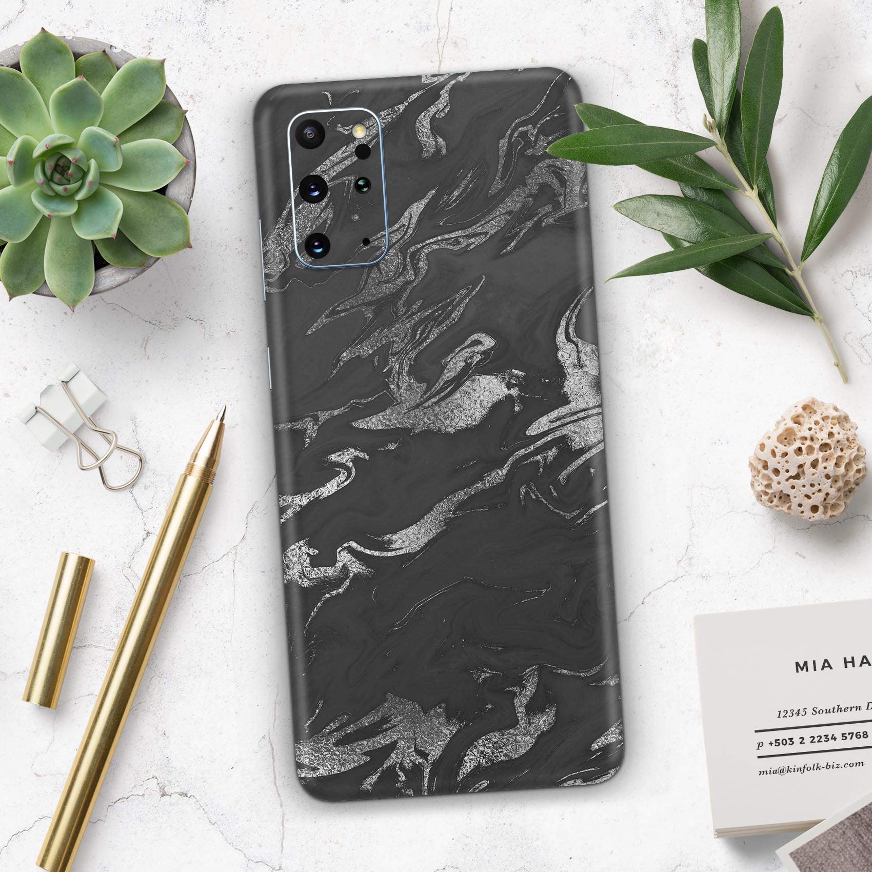 DesignSkinz Black & Silver Marble Swirl V3 Protective Vinyl Decal Wrap Skin Cover Compatible with The Samsung Galaxy S20 (Screen Trim & Back Glass Skin)