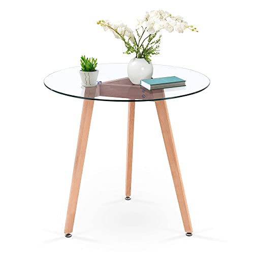 Ivinta Round Glass Dining Table, Modern Leisure Table with Wood Legs for Kitchen Dining Room Living Room, Accent Table Small Tea Table for 2, Space Saving, 31.5 inch