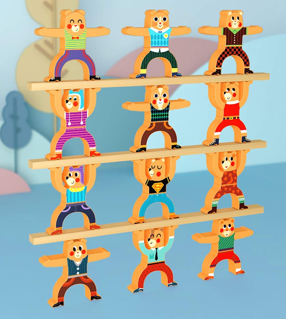 BESTING Balancing Stacking Blocks Little Bear Parent-Child Children's Educational Balance Wooden Stacking Acrobatic Troupe Interlock Decompression Preschool Toys Balancing Games (HJ008)