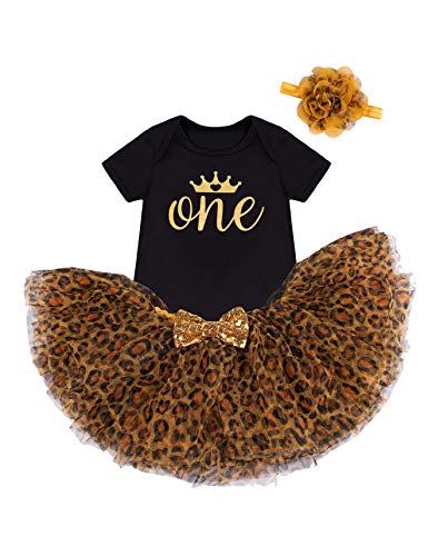 LATOBREATH Baby Girl One Year Old First Birthday Romper Outfits Set Leopard Tutu Skirt Set Party Dress Clothes(12-18 Months)