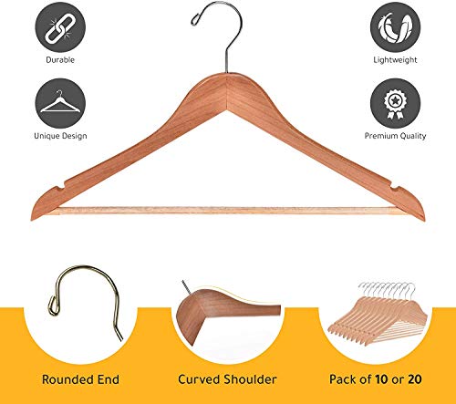 Quality Wooden Hangers - Semi Contoured Hanger Set in 20-Pack - Solid Wood Coat Hangers with Stylish Chrome Hooks - Heavy-Duty Clothes, Jacket, Shirt, Pants, Suit Curved Hangers (Natural, 20)