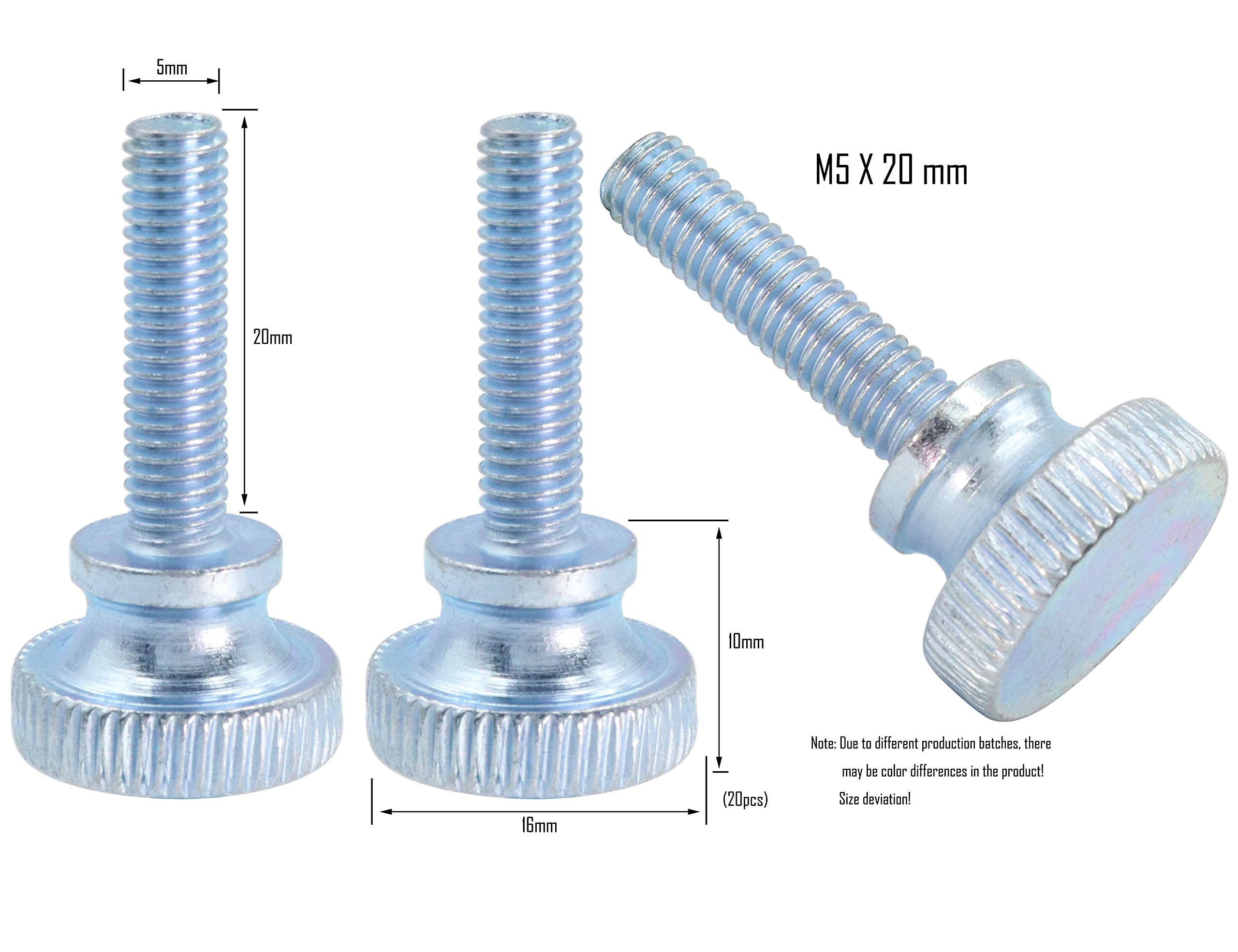 LBY 20pcs Knurled Hand Screw, M5 x 20mm Flat Knurled Head Fully Threaded Thumb Screws(Double Layer Step), Carbon Steel Galvanize