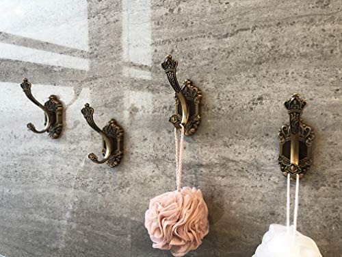 SDH Rustic Coat Hooks - Wall Mounted Towel Hooks - Aluminum Heavy Duty Wall Hooks for Hanging Coats Purse Bags & Clothes in Bathroom & Hallway, Crown Themed Pack of 2 Antique Brass Utility Hooks