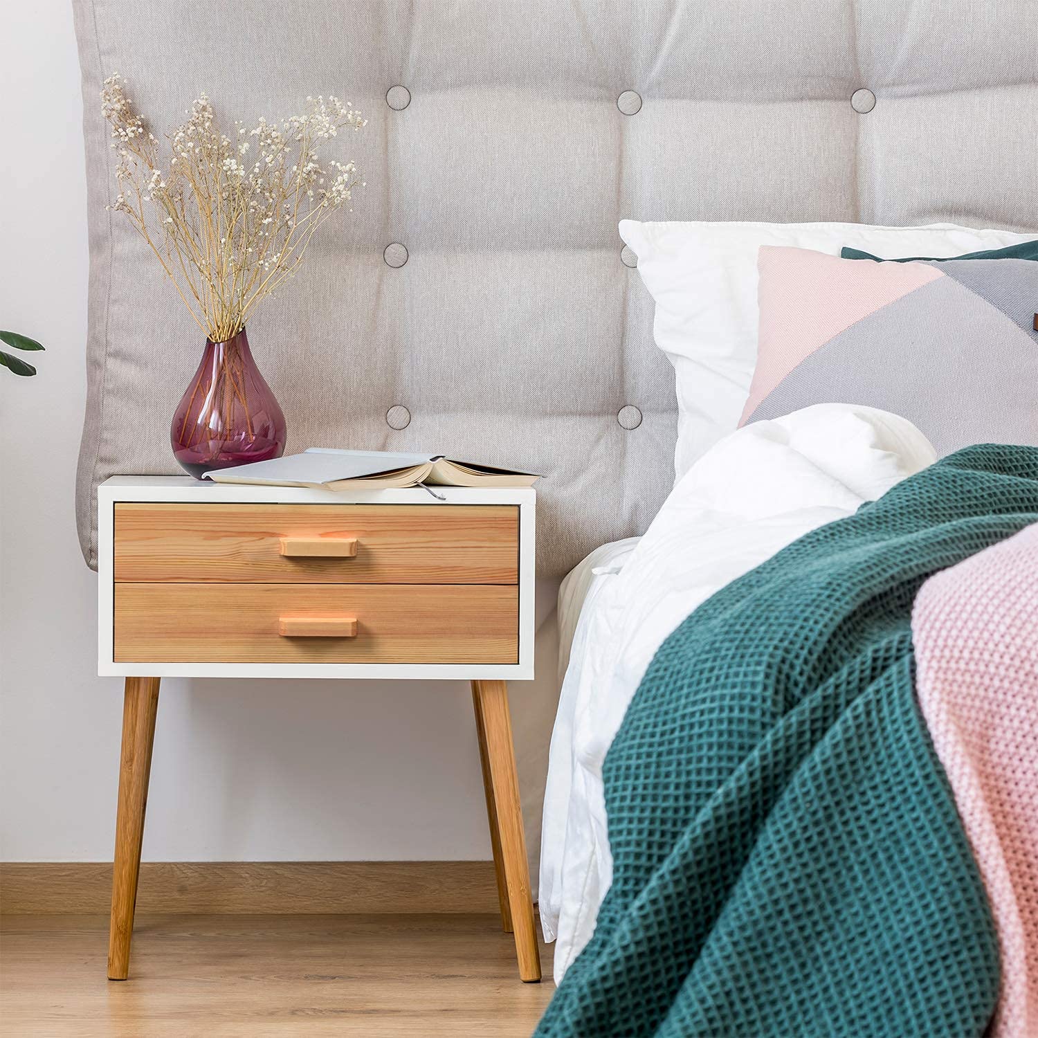 4 EVER WINNER Nightstand, End Table, Bedside Table, Side Table with 2 Drawers and Shelf, Night Stand for Bedroom Furniture, Storage Sofa Side Stand Cabinet for Home, Office, Dorm, Wood and White
