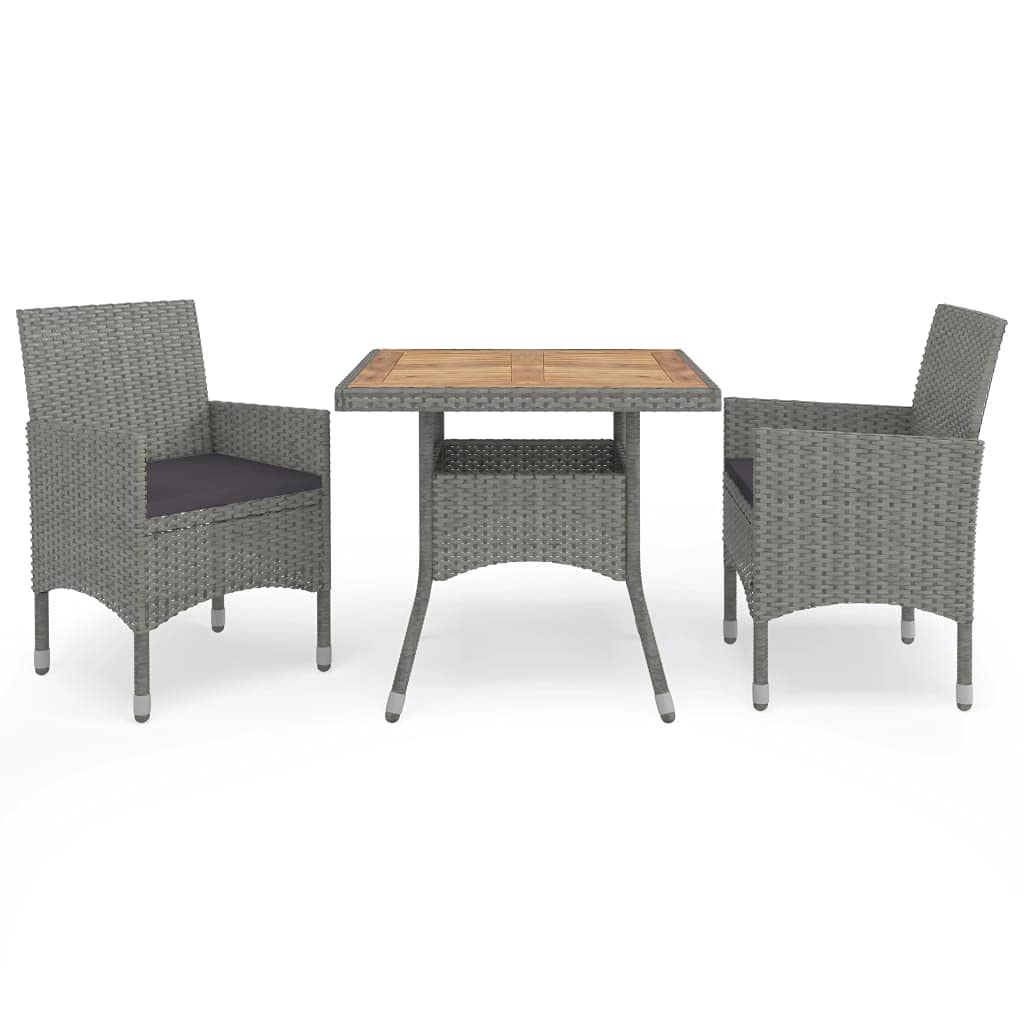 3 Piece Patio Dining Set,Cafes Table Chairs,Balcony Furniture,Chairs with Thick Padded Cushions,Assembly Required,Used in Restaurant, Bistro, Coffee Shop,Balcony,Gray Poly Rattan and Acacia Wood