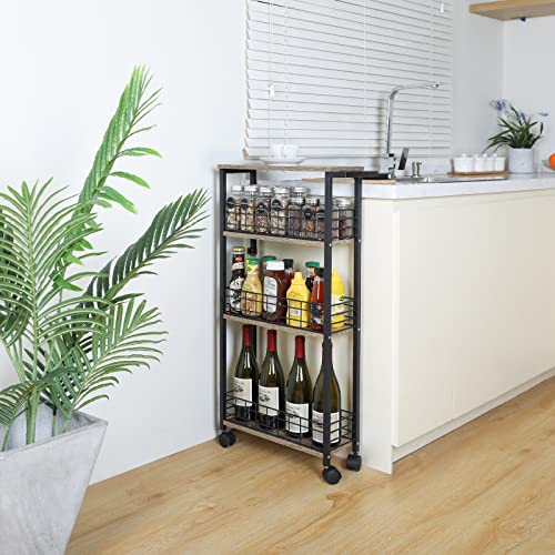 LUMAMU Slim Storage Cart for Small Spaces, 4 Tier Mobile Rolling Cart with Wheels Slide Out Storage Utility Shelves Cart with Wooden for Kitchen Narrow Spaces