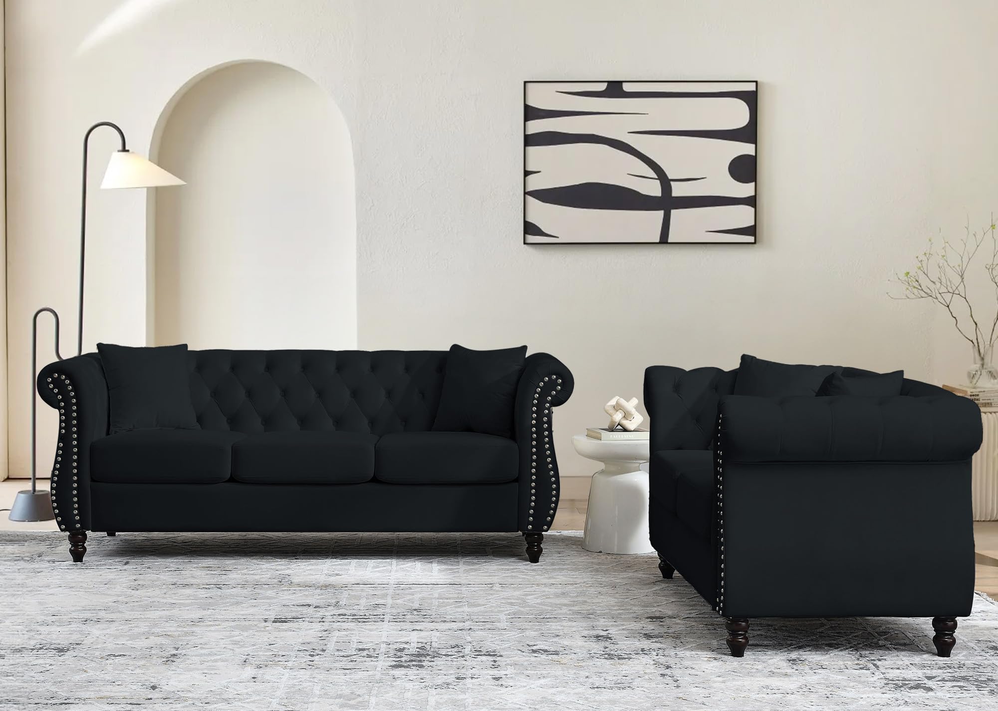 JEEOHEY Chesterfield Sofa Couch,80" Button Tufted Velvet Couch with Rolled Arms&Nailhead Trim,Comfy 3 Seater Sofa,Oversize Mid Century Modern Couch for Living Room,Bedroom,Apartment,Office(Beige)