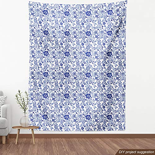 Lunarable Floral Fabric by The Yard, Swirl Flower Pattern Folk Russian Folk Cultural Petals Ornamental Image, Decorative Fabric for Upholstery and Home Accents, 3 Yards, Blue and White