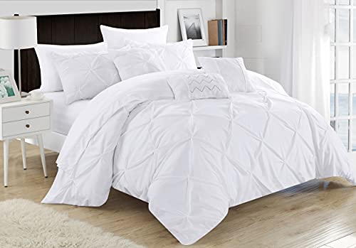 Chic Home 10 Piece Hannah Pinch Pleated, ruffled and pleated complete Queen Bed In a Bag Comforter Set White With sheet set