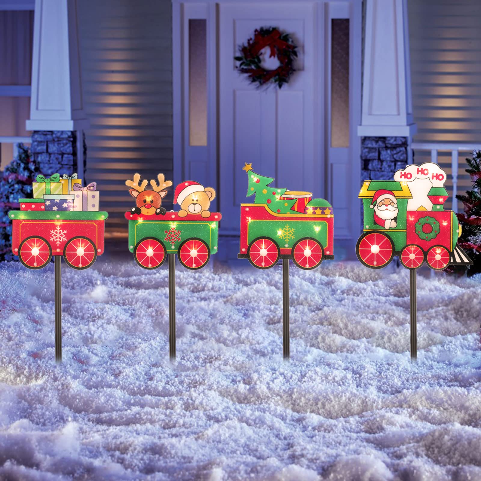 4-Piece Train Set Christmas Pathway Lights, Solar Powered LED Pathway Marker Yard Stakes Christmas Outdoor Decoration