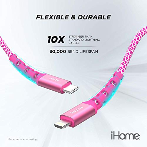 iHome USB C to Lightning Cable: Nylon Braided, Apple MFi Certified,for iPhone 12/12 Pro/12 Pro Max/12 Mini/ 11/11 Pro/ 11 Pro Max, AirPods Pro(Supports Power Delivery w/18W Type C Charger),10 Ft,Pink